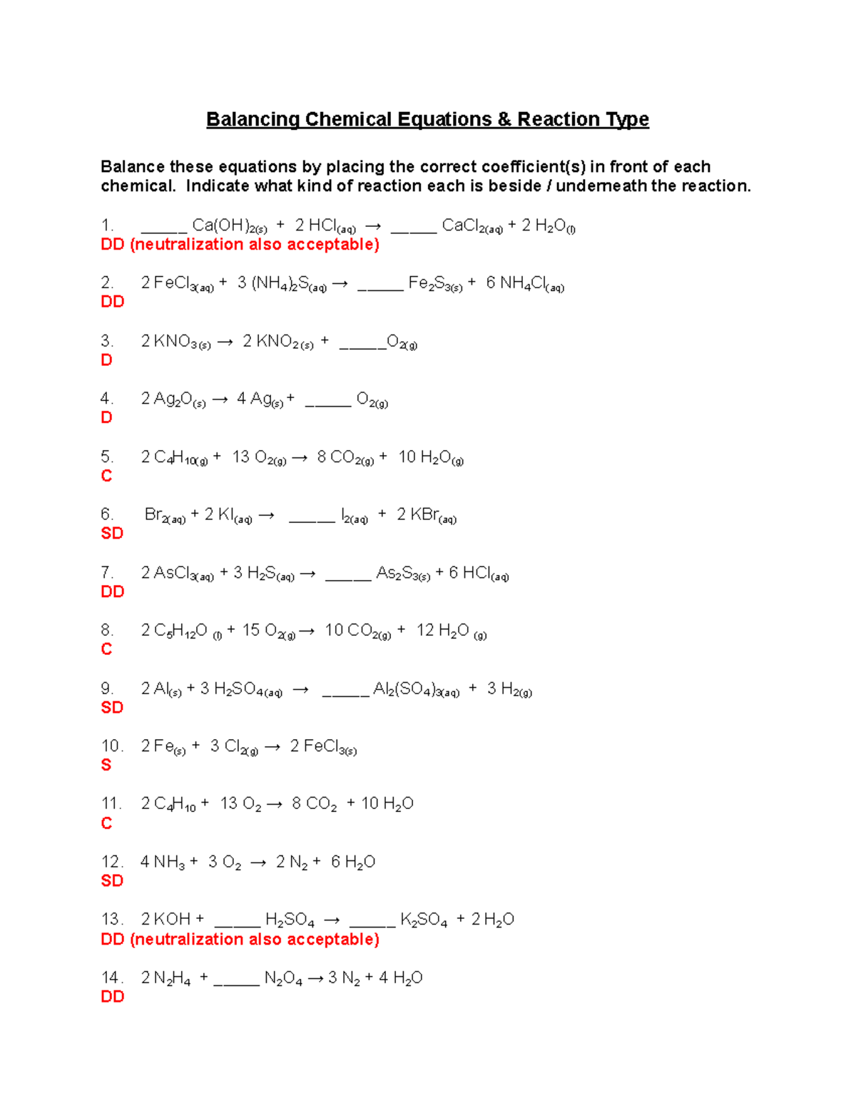 7d - Balancing Answers - worksheet - Balancing Chemical Equations ...