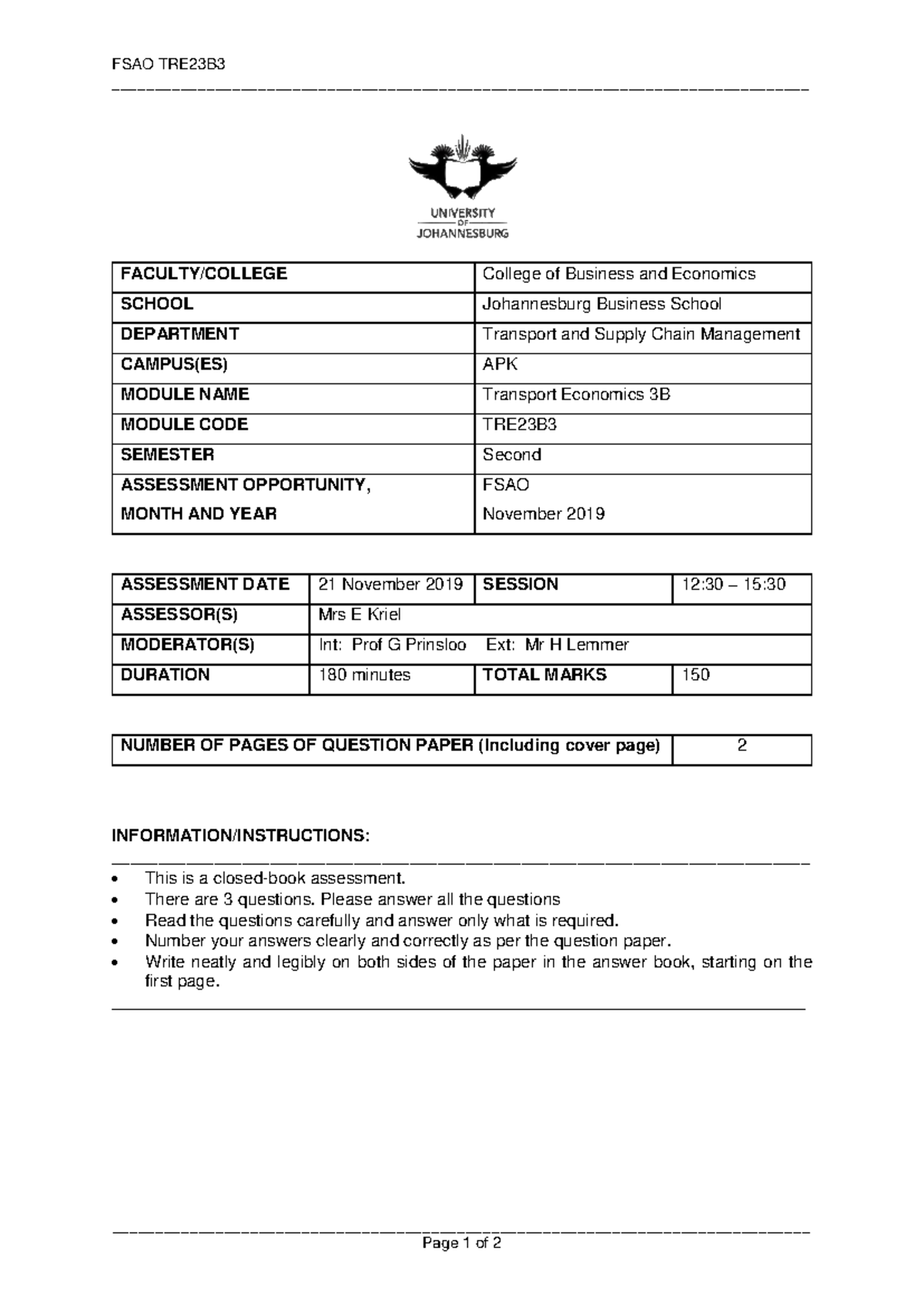 Uj 38827+ Source 1+ Source 1 - FSAO TRE23B Page 1 of 2 FACULTY/COLLEGE College of Business and ...