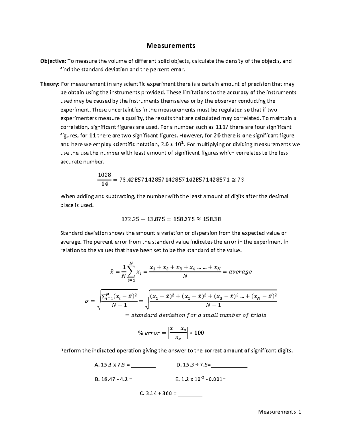 Measurements Data Sheet - Measurements Objective: To measure the volume ...