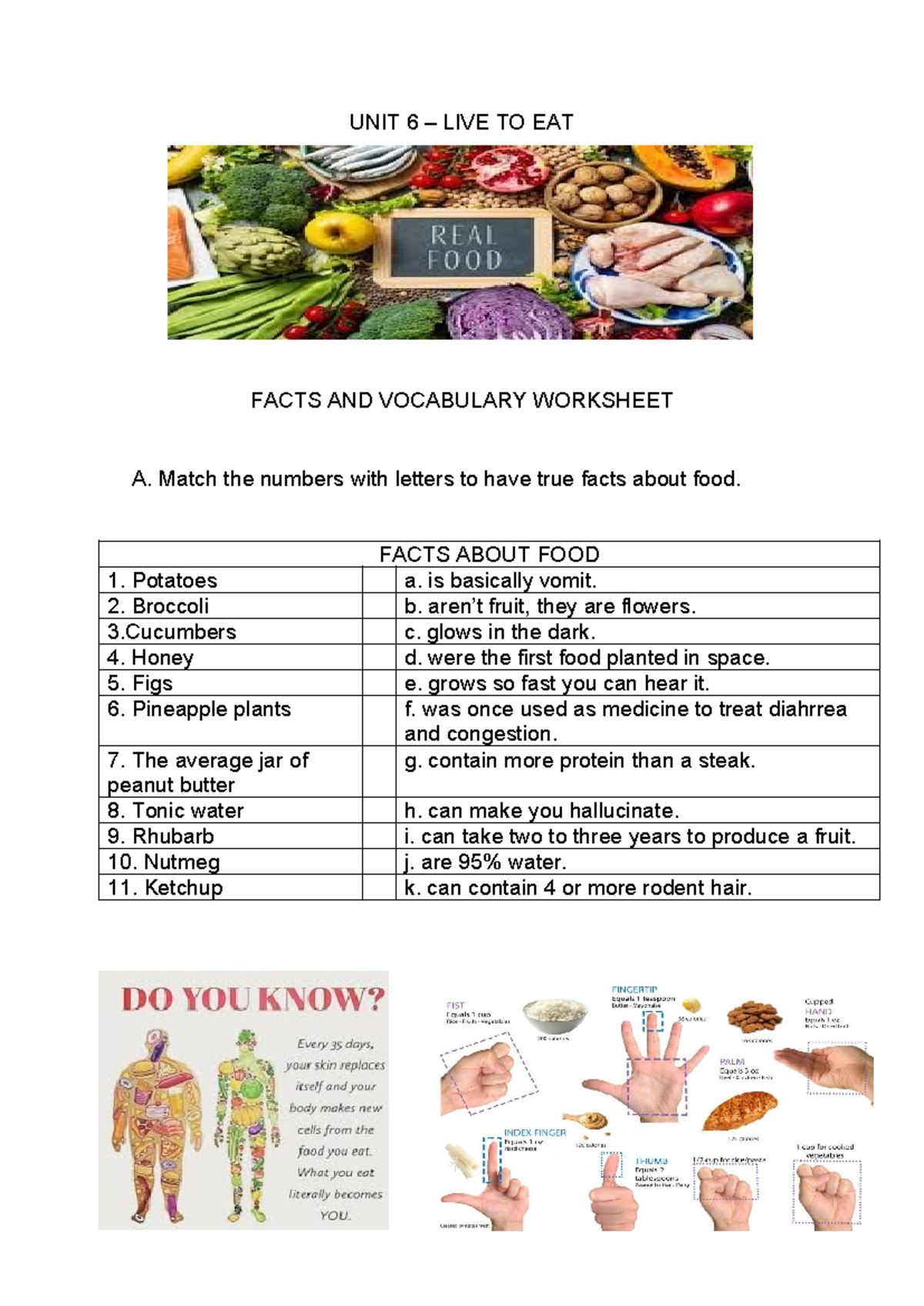 Unit 6 - LIVE TO EAT - Vocabulary Worksheet - UNIT 6 – LIVE TO EAT ...