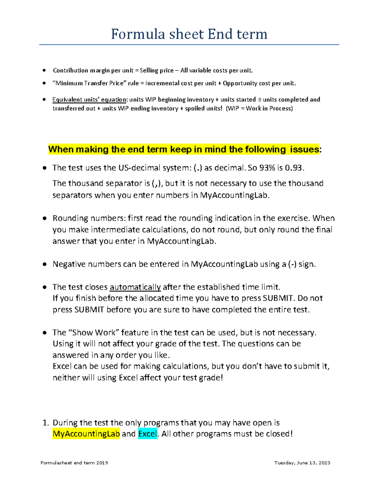 Formula sheet end term - Formulasheet end term 2019 Tuesday, June 13 ...