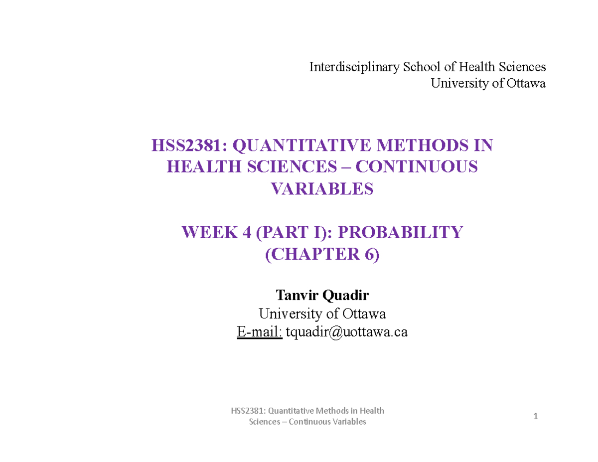 Week 4 (Part I - Chapter 6) Lecture - HSS2381: QUANTITATIVE METHODS IN ...