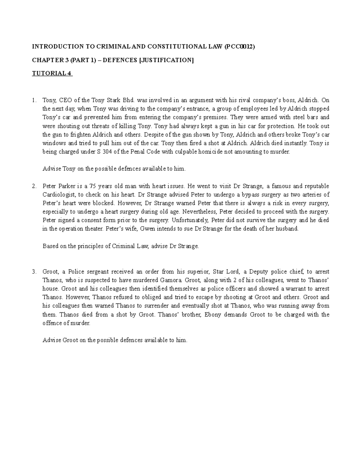 Tutorial 3 Defences Part 1 Introduction To Criminal And Constitutional Law Pcc0012 