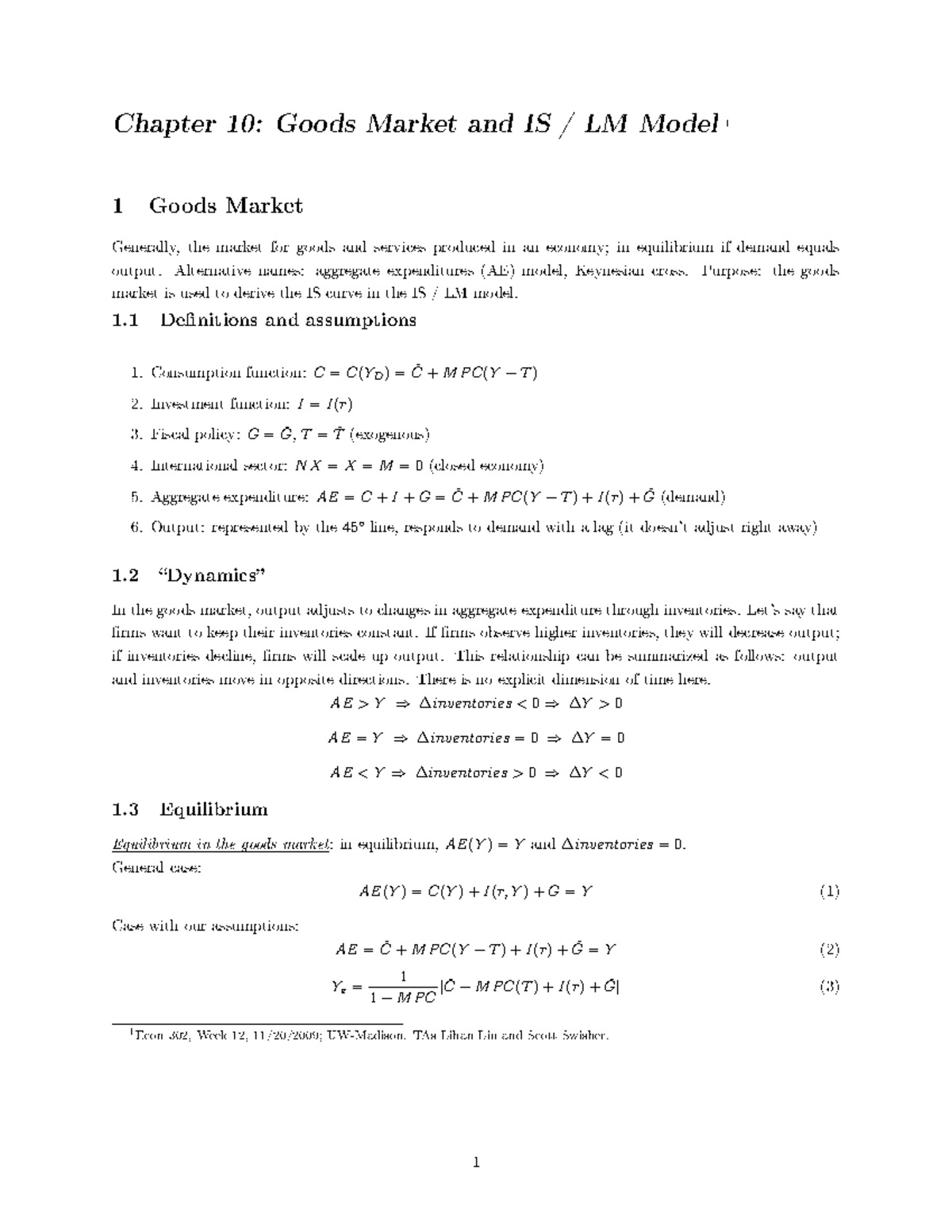 Chapter 10goodsmarketislm - Chapter 10: Goods Market and IS / LM Model ...