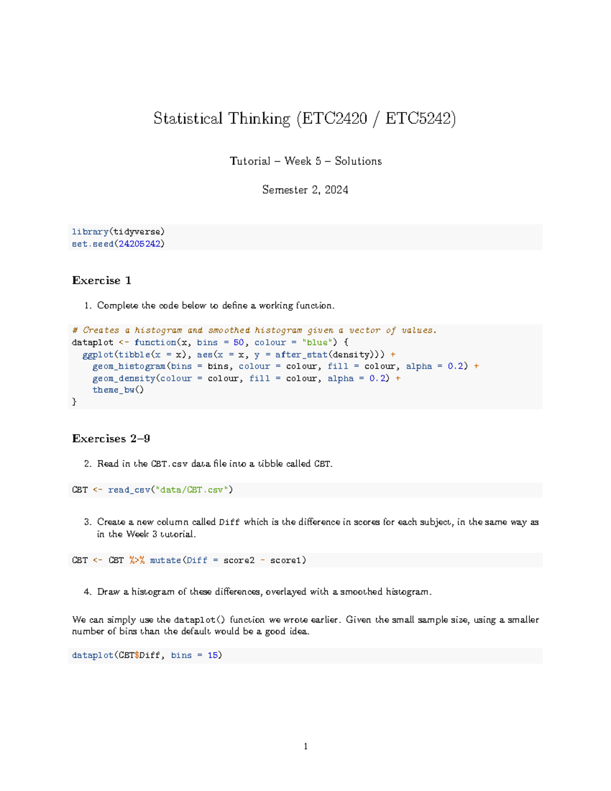 ETC2420 a5 solutions 1 - Statistical Thinking (ETC2420 / ETC5242) Tutorial – Week 5 – Solutions ...