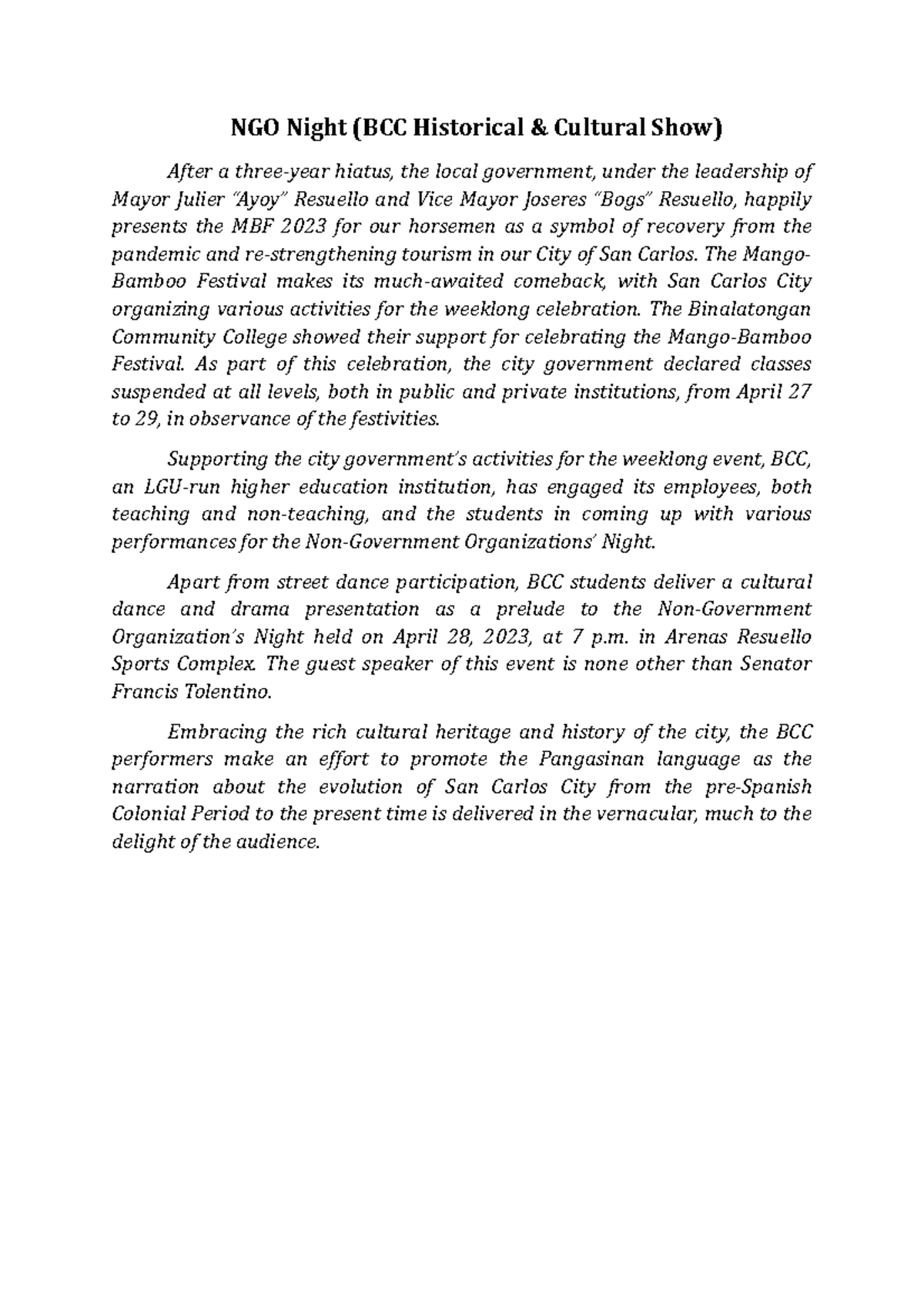 NGO Night - The Mango- Bamboo Festival makes its much-awaited comeback ...