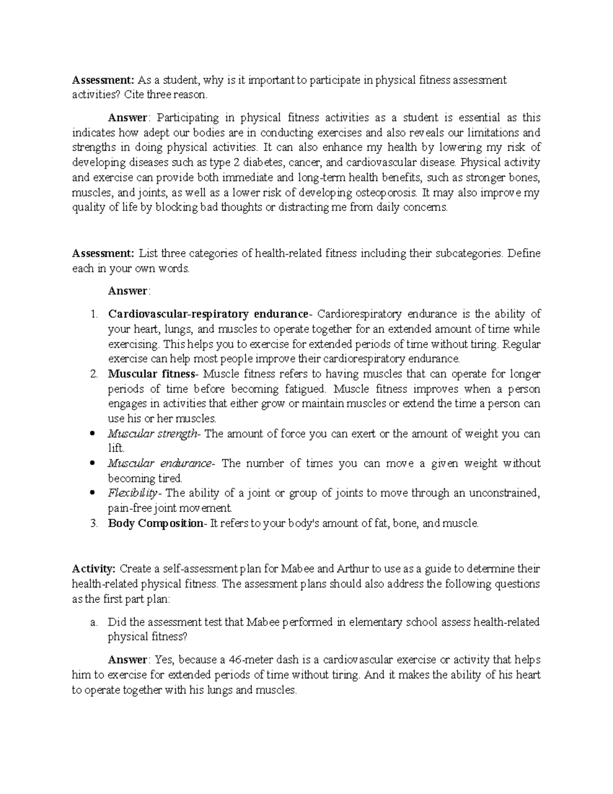 PE 1 Activities and Assesments Guide 3 - Assessment: As a student, why ...