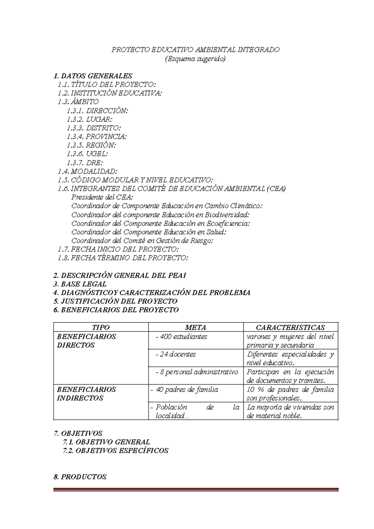 Modelo PEAI 2024 - PROYECTO EDUCATIVO AMBIENTAL INTEGRADO (Esquema ...