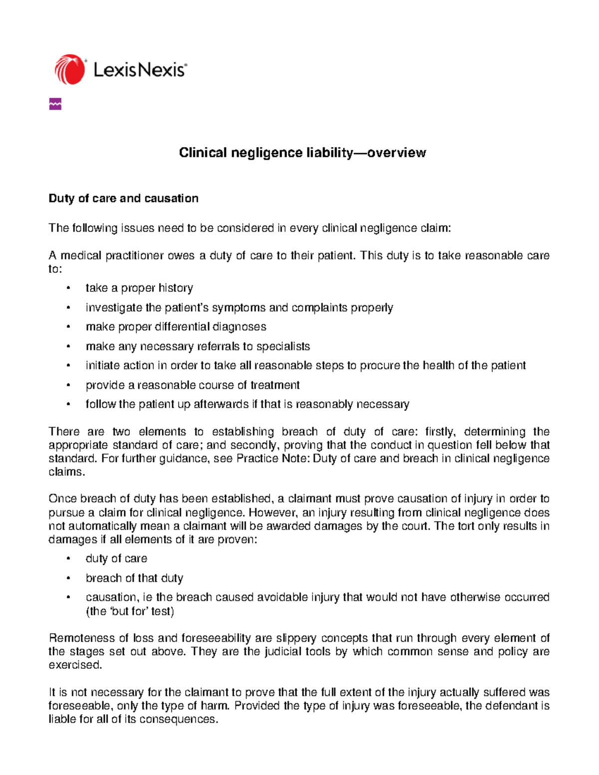 Clinical negligence liability overview - Duty of care and causation The ...