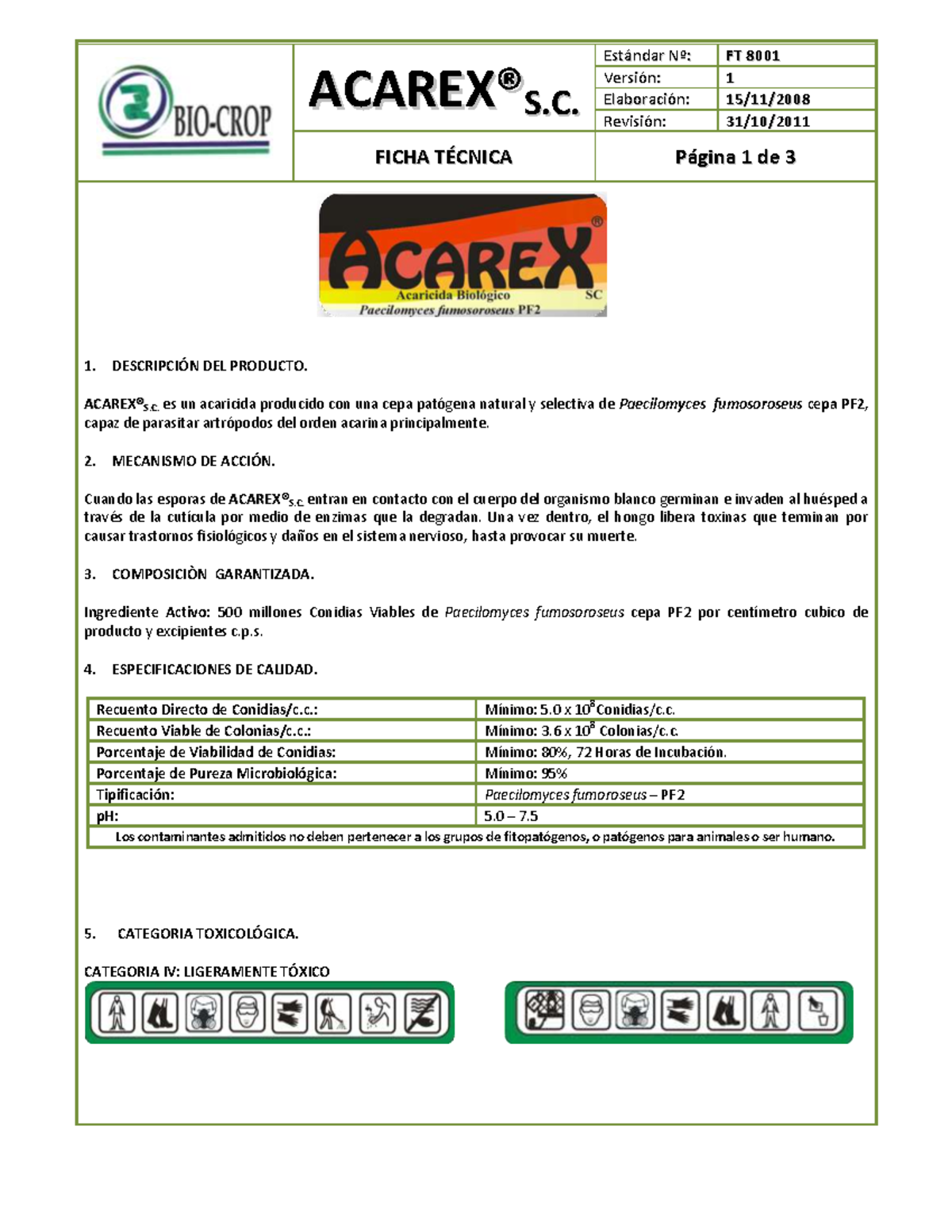 Acarex sc Ficha Tecnica - ACACAARREEXX®®S.S.. EEssttáánnddaarr NNºº ...