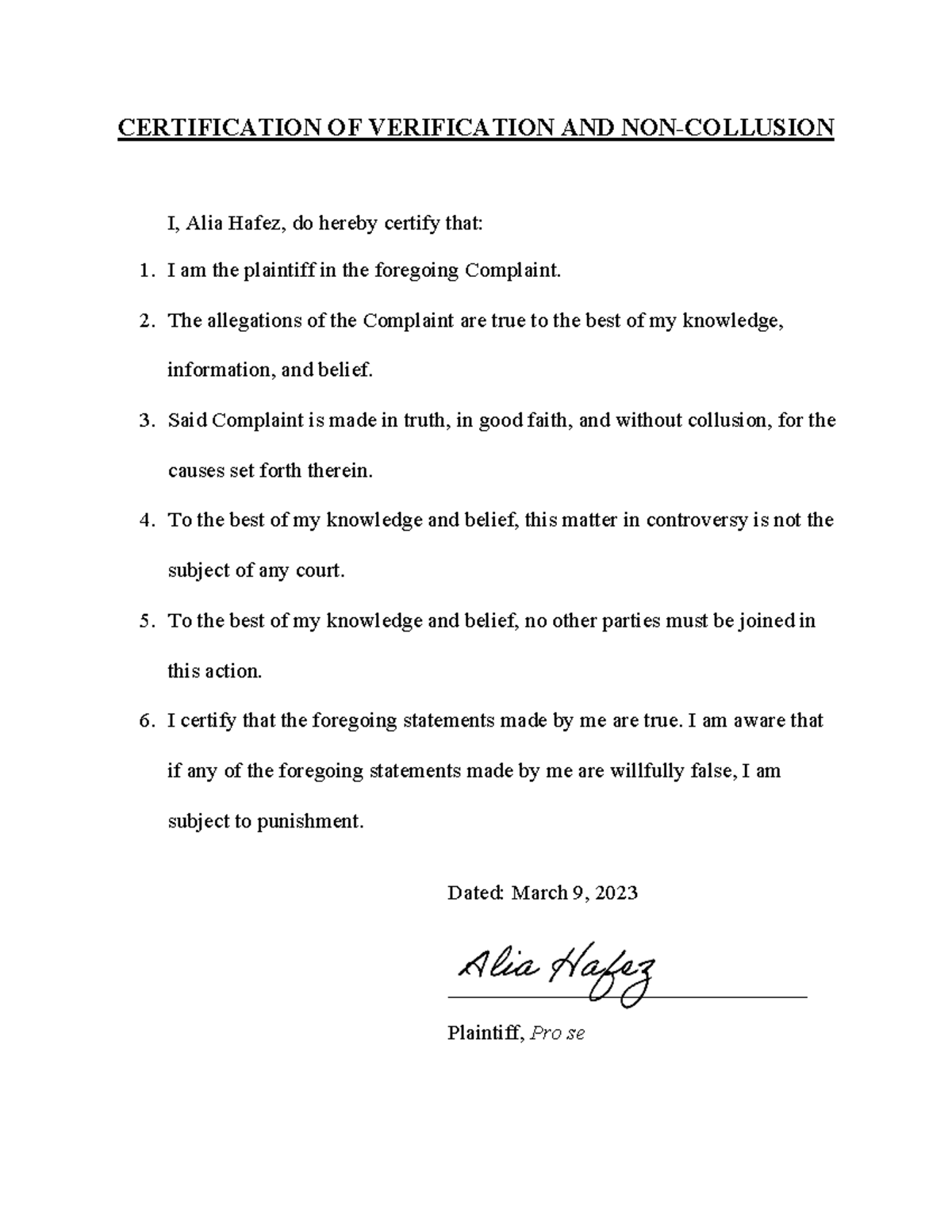 Noncollusion - Civ Pro - CERTIFICATION OF VERIFICATION AND NON ...