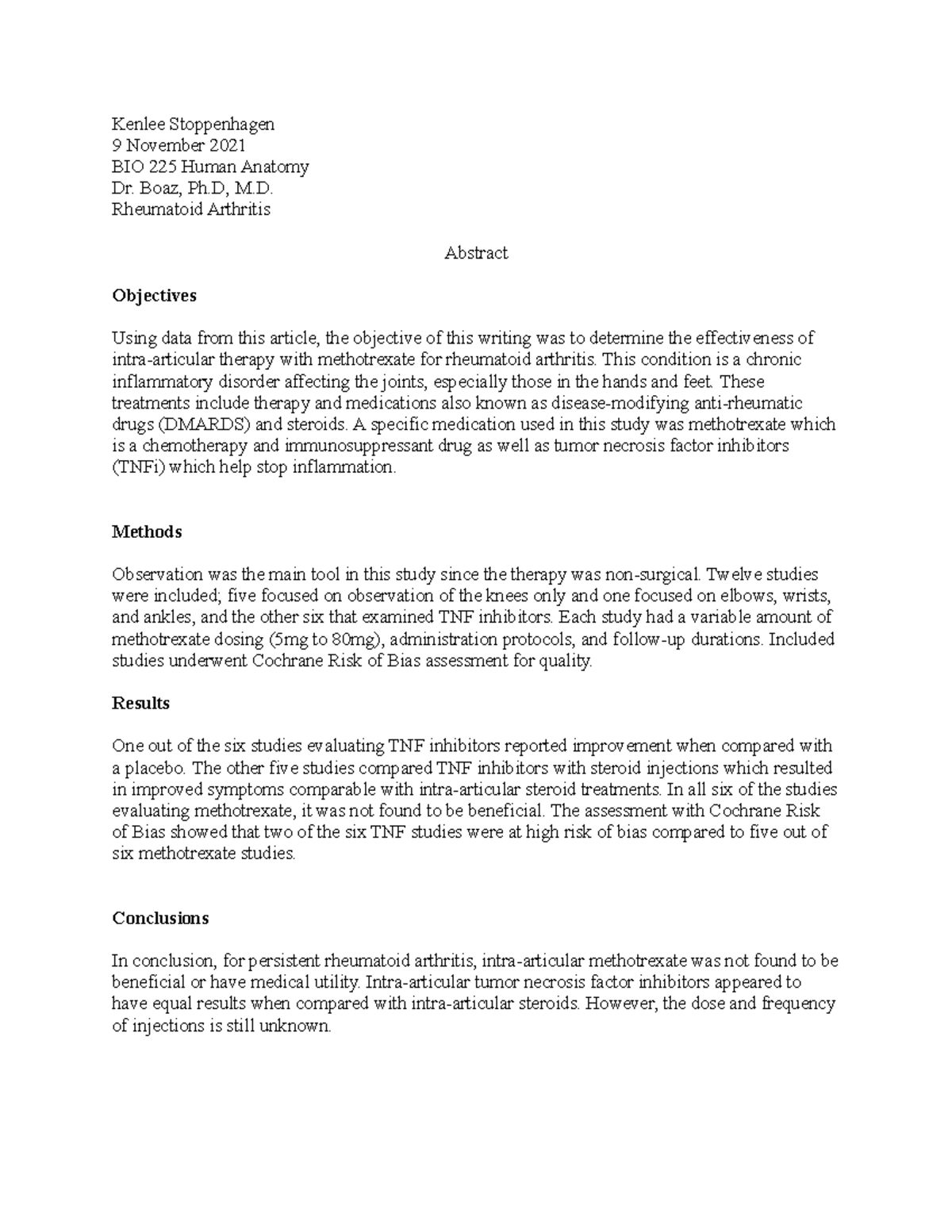 Anatomy - Abstract #1 - Kenlee Stoppenhagen 9 November 2021 BIO 225 ...