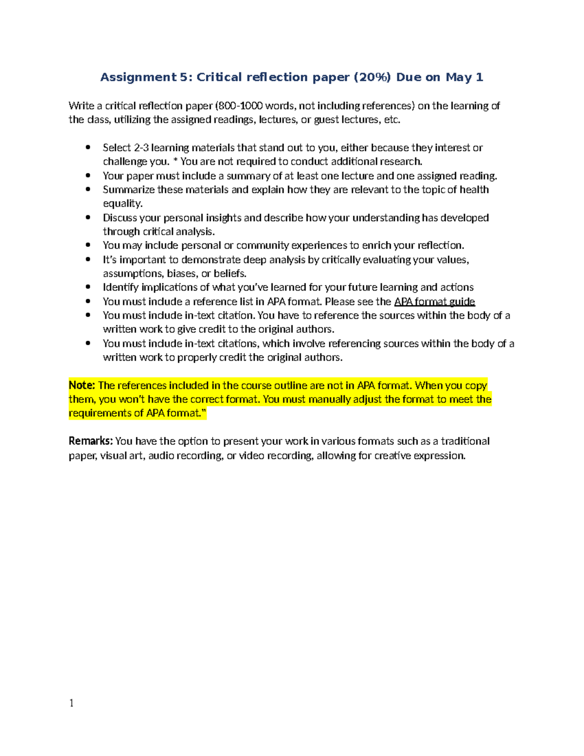 HLST 1010 Assignment 5 critical reflection guide - Assignment 5: Critical reflection paper (20% ...