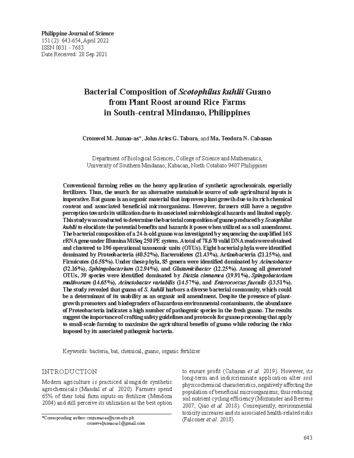 Bacterial Composition of Scotophilus - Jumao-as*, John Aries G. Tabora ...