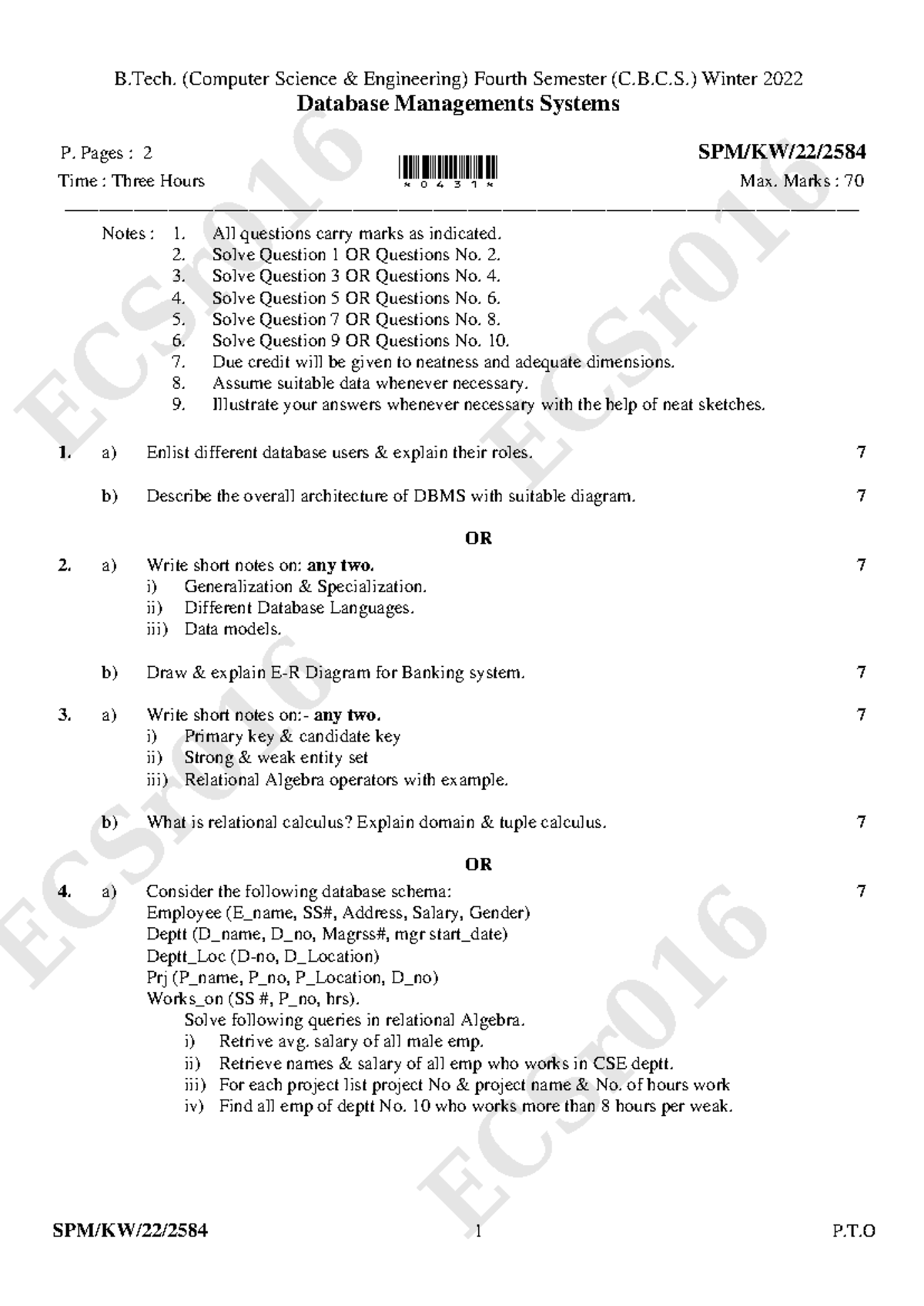 2584 Subject Database Managements Systems Year B Tech