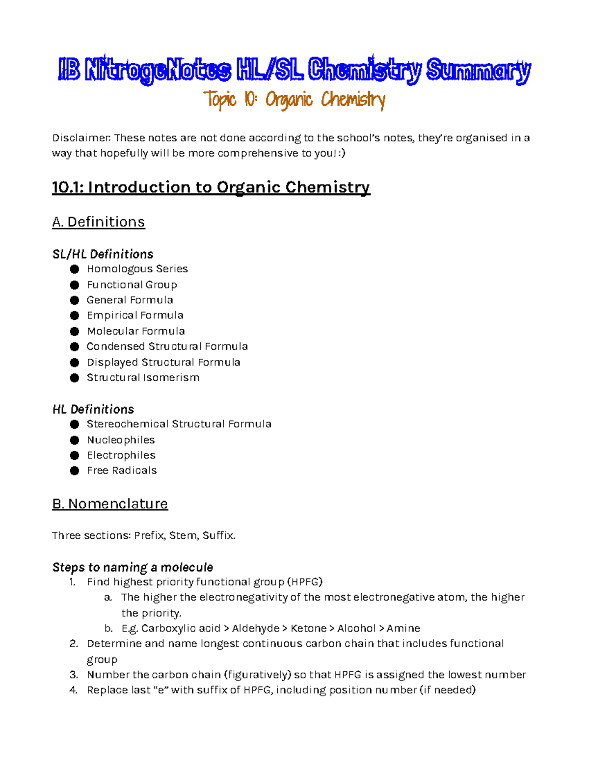Copy of Chapter 10 + 20 Guide to Organic Chemistry - IB NitrogeNotes HL ...