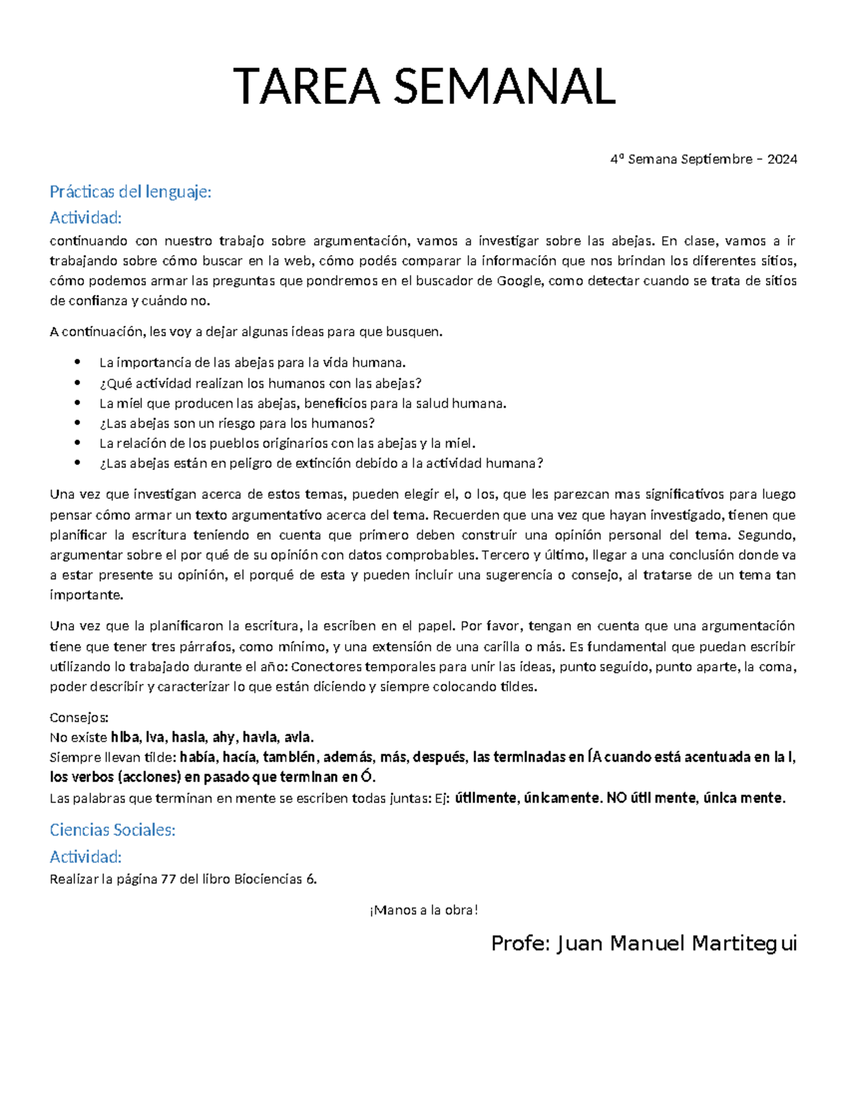 Tarea lengua - ☺ TAREA SEMANAL ☺ 4º Semana Septiembre – 2024 Prácticas ...