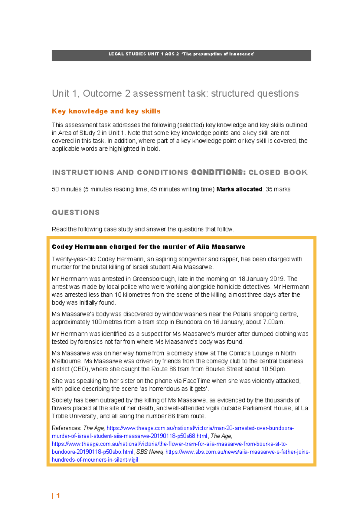 Unit 1 AOS 2 Pre SAC Test Paper. Presumption of Innocence - LEGAL ...