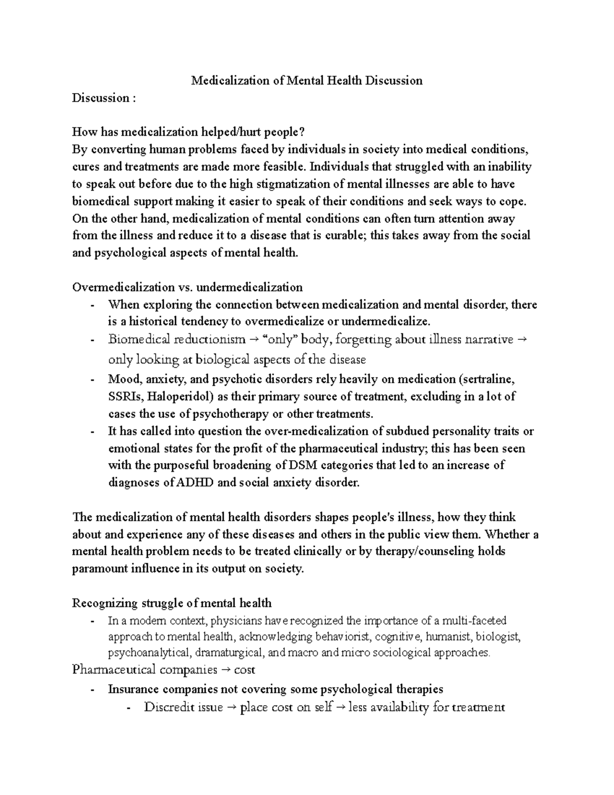 Medicalization of Mental Health Discussion - Medicalization of Mental ...