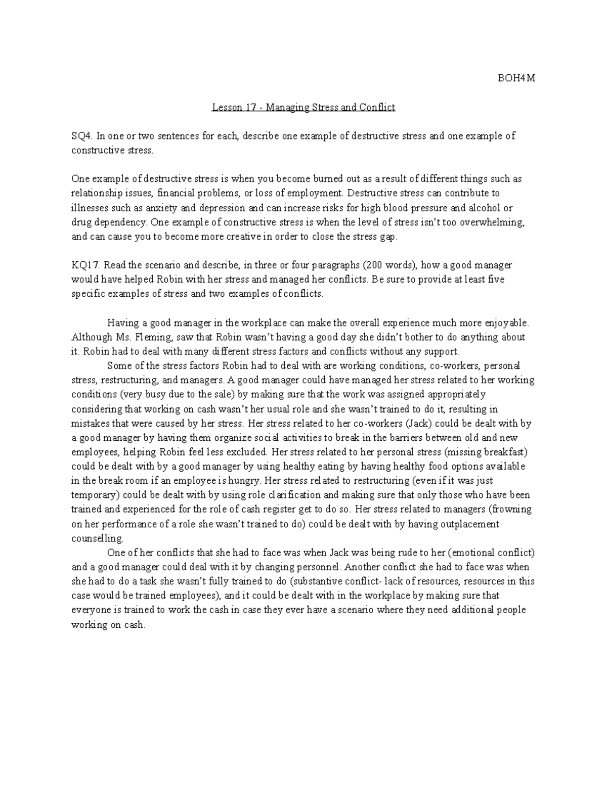 Lesson 17 - Managing Stress and Conflict - BOH4M Lesson 17 - Managing ...