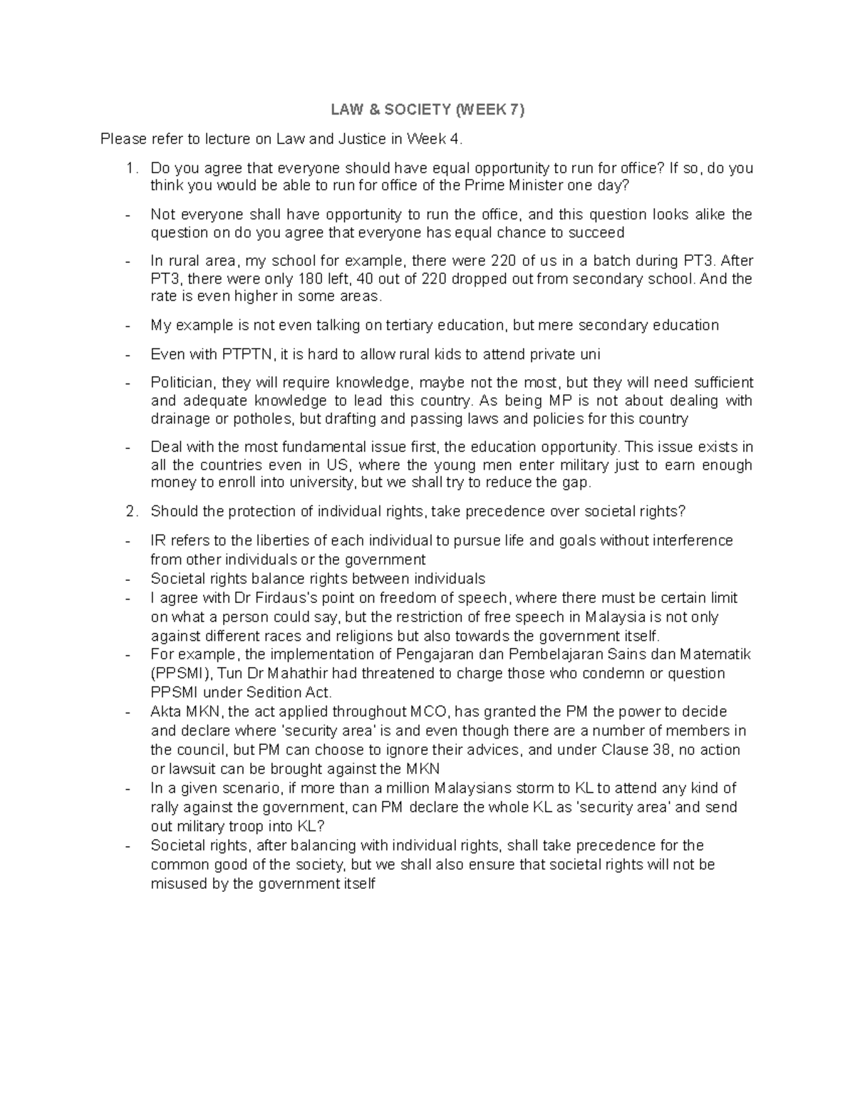 Tutorial Week 7 - LAW & SOCIETY (WEEK 7) Please refer to lecture on Law ...