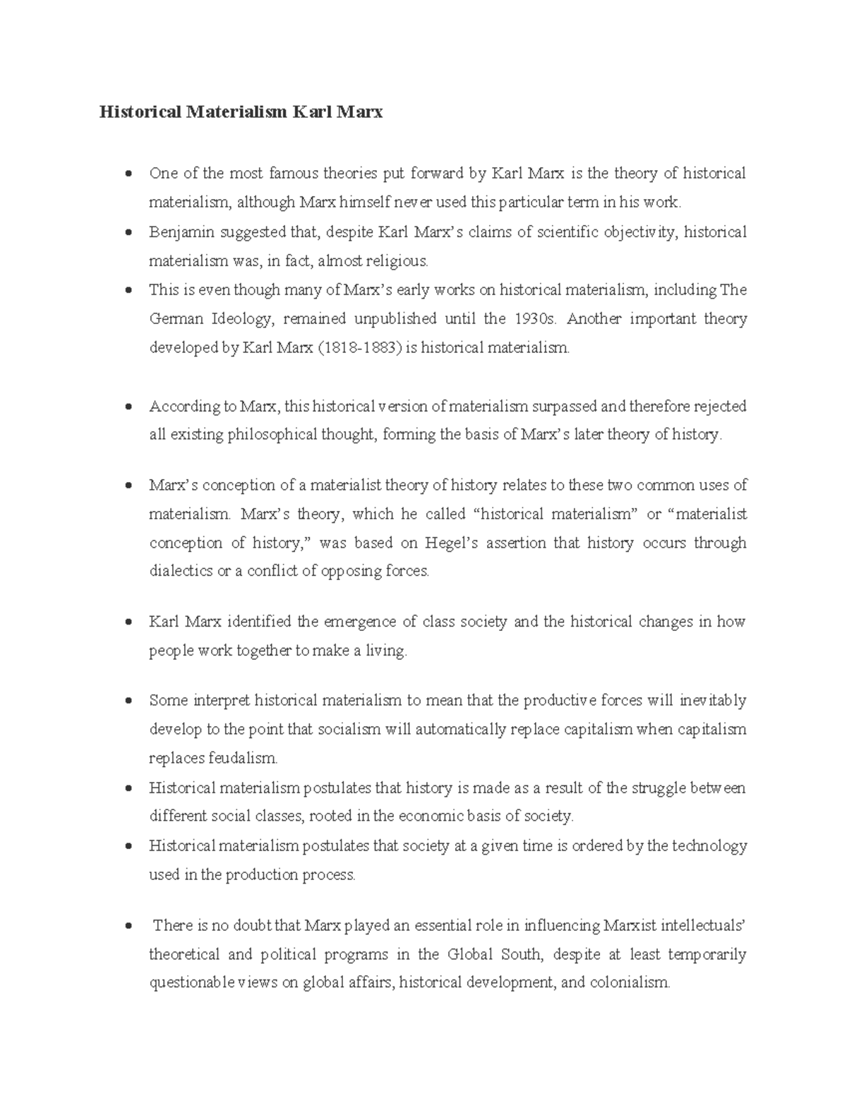 Historical Materialism Karl Marx - Benjamin suggested that, despite ...