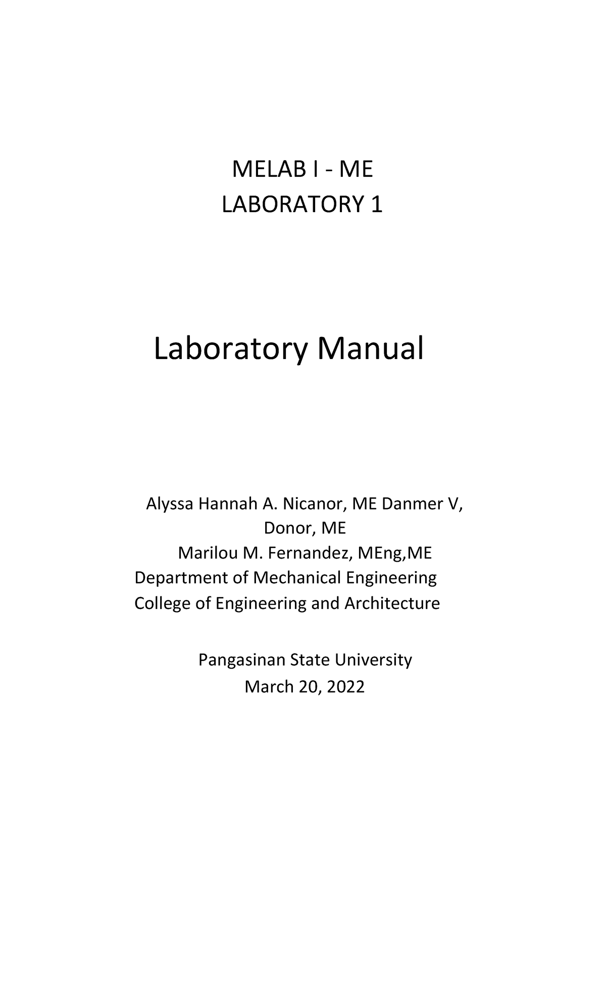 ME Lab 1 Lab Manual - MELAB I - ME LABORATORY 1 Laboratory Manual Alyssa Hannah A. Nicanor, ME ...