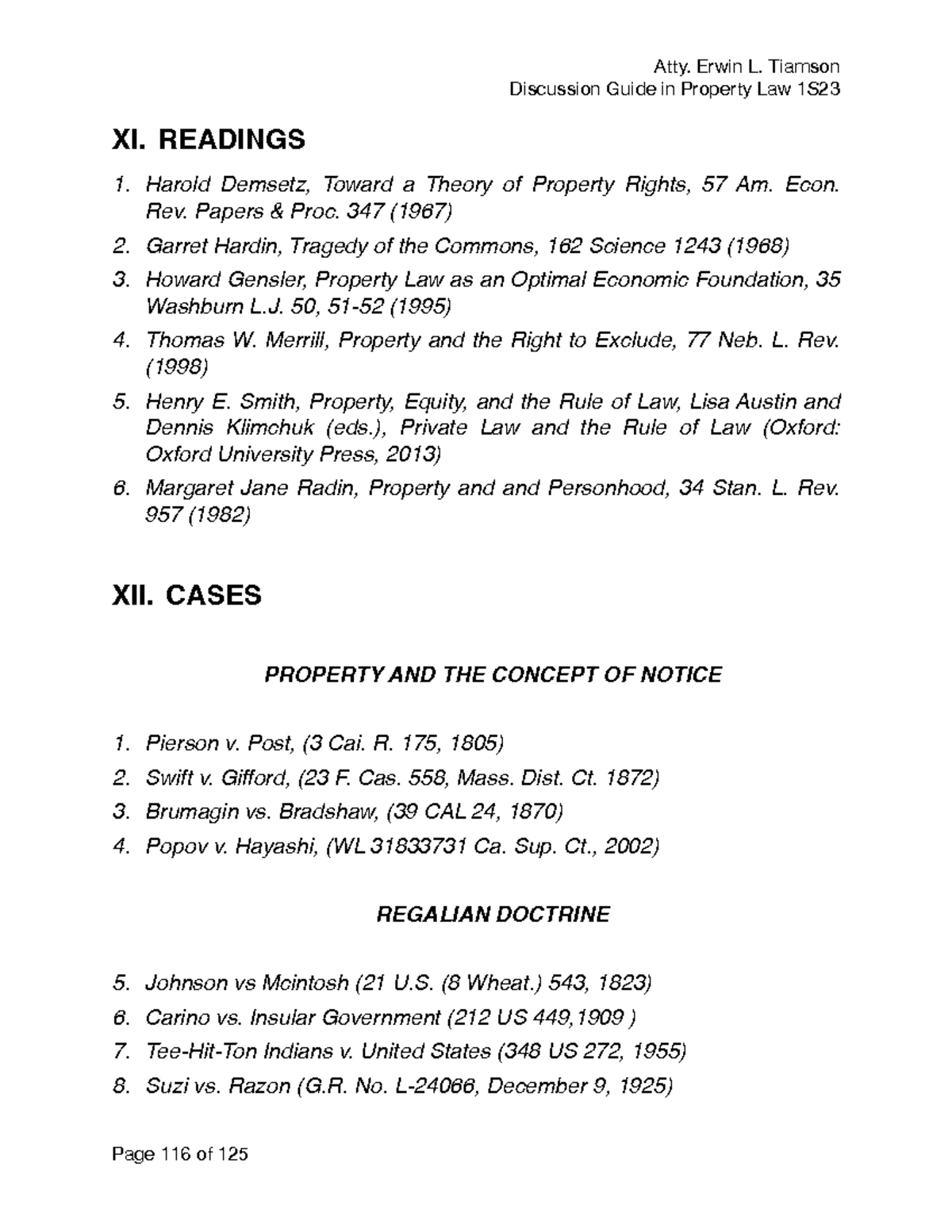 Cases PROP - Case list - Discussion Guide in Property Law 1S XI ...