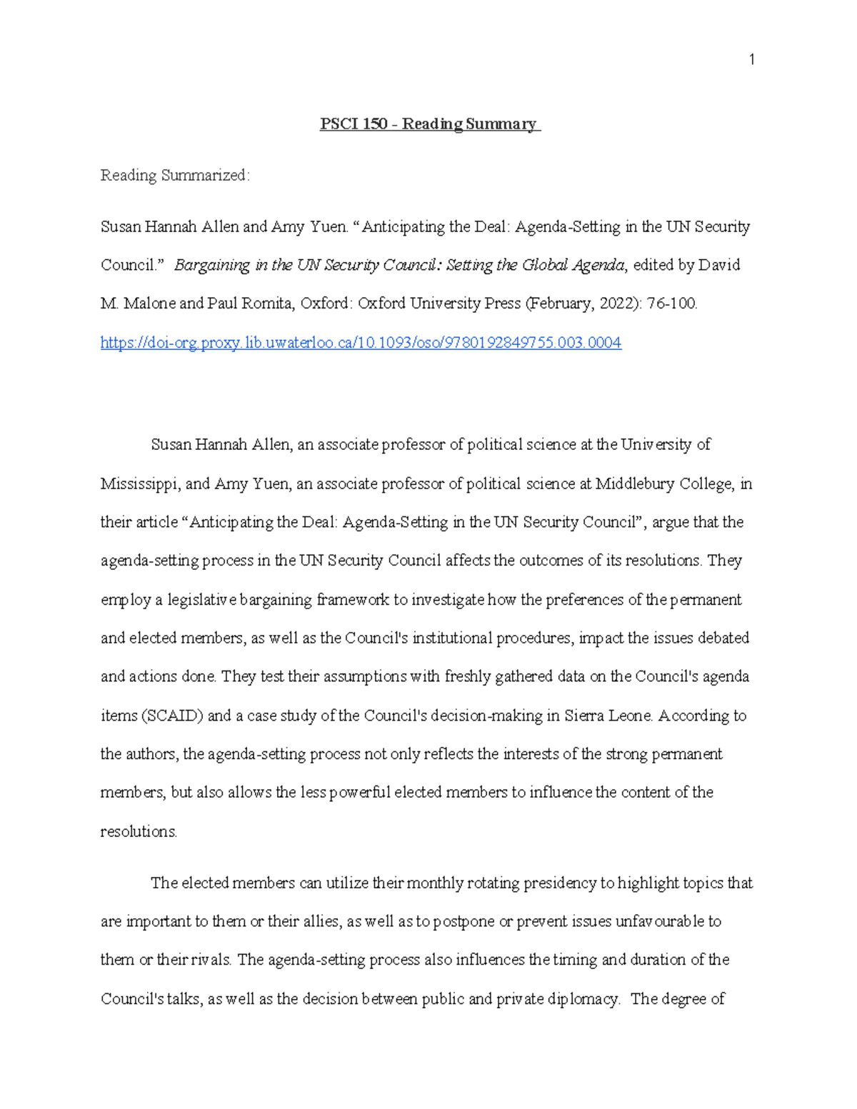 PCSI 150 - Reading Summary - 1 PSCI 150 - Reading Summary Reading ...
