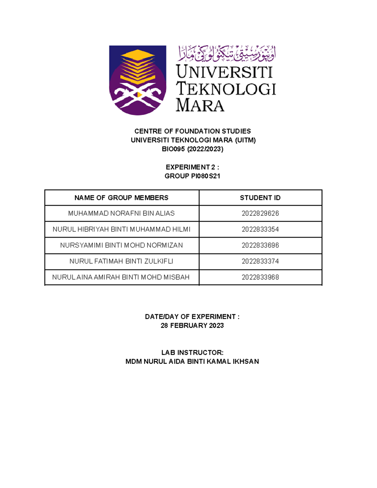 EXP 2 BIO 2023 - lab report - CENTRE OF FOUNDATION STUDIES UNIVERSITI ...