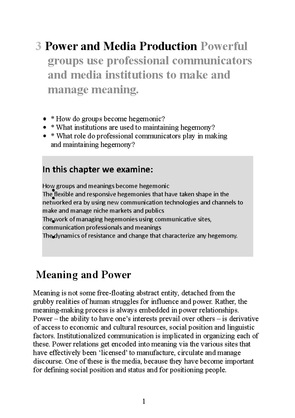 Comu1120 chapter 3 - 3 Power and Media Production Powerful groups use ...