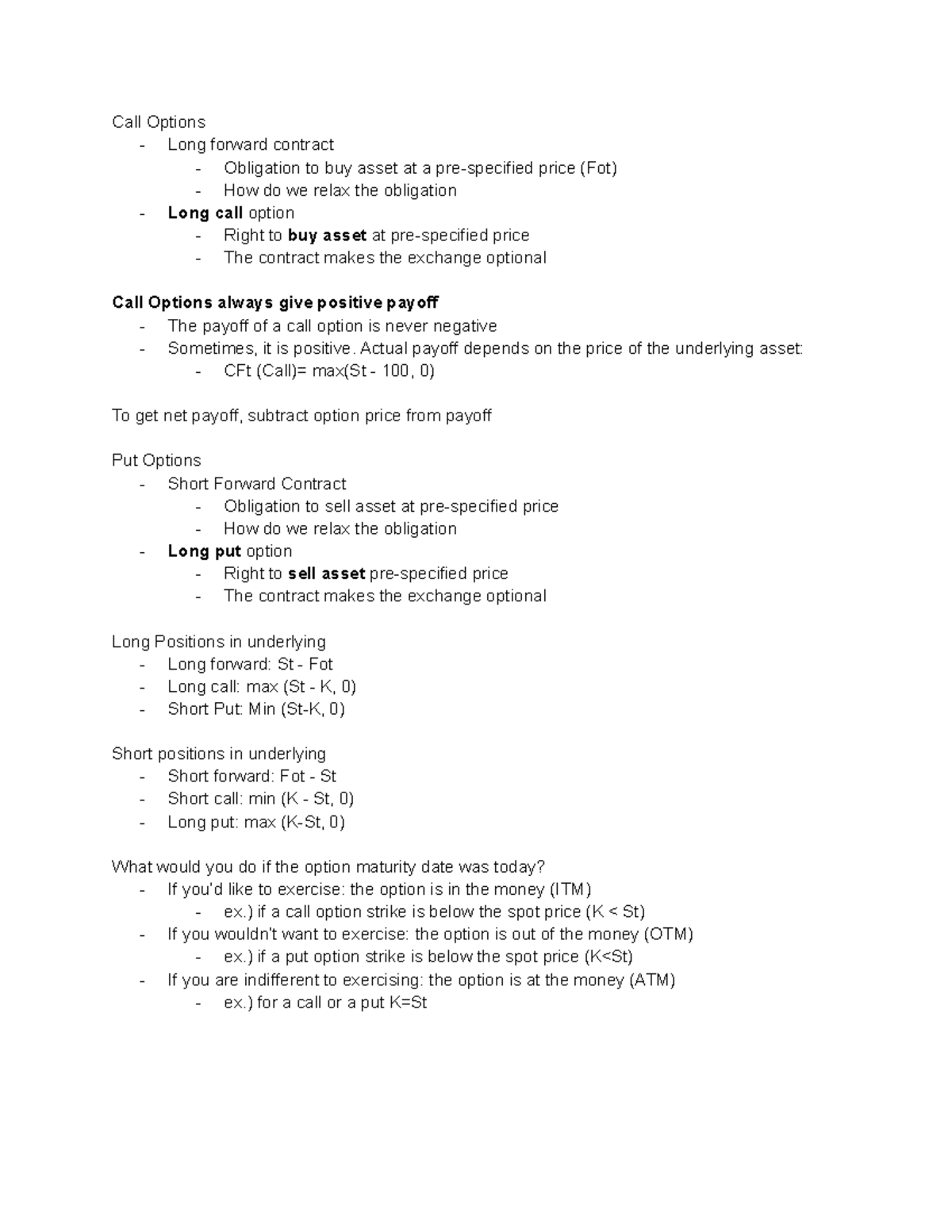 Call Options - lecture notes - Call Options Long forward contract ...