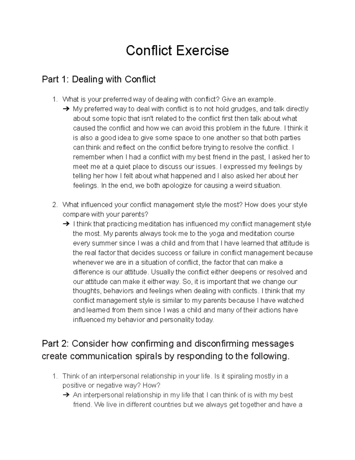 COMM 100 - Conflict Exercise - Conflict Exercise Part 1: Dealing with Conflict What is your ...