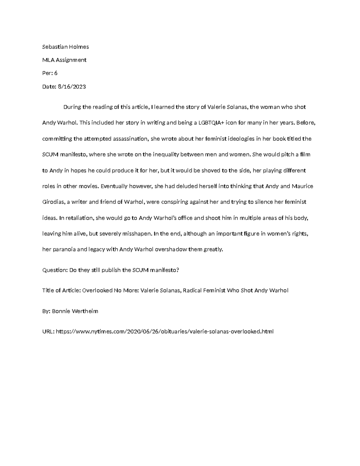 Mla Assignment Sebastian Holmes Mla Assignment Per 6 Date 8 16