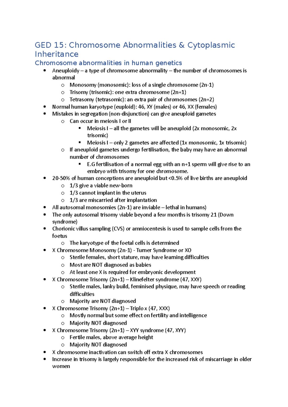 BIOL10521 Lecture 15 - GED 15: Chromosome Abnormalities & Cytoplasmic ...