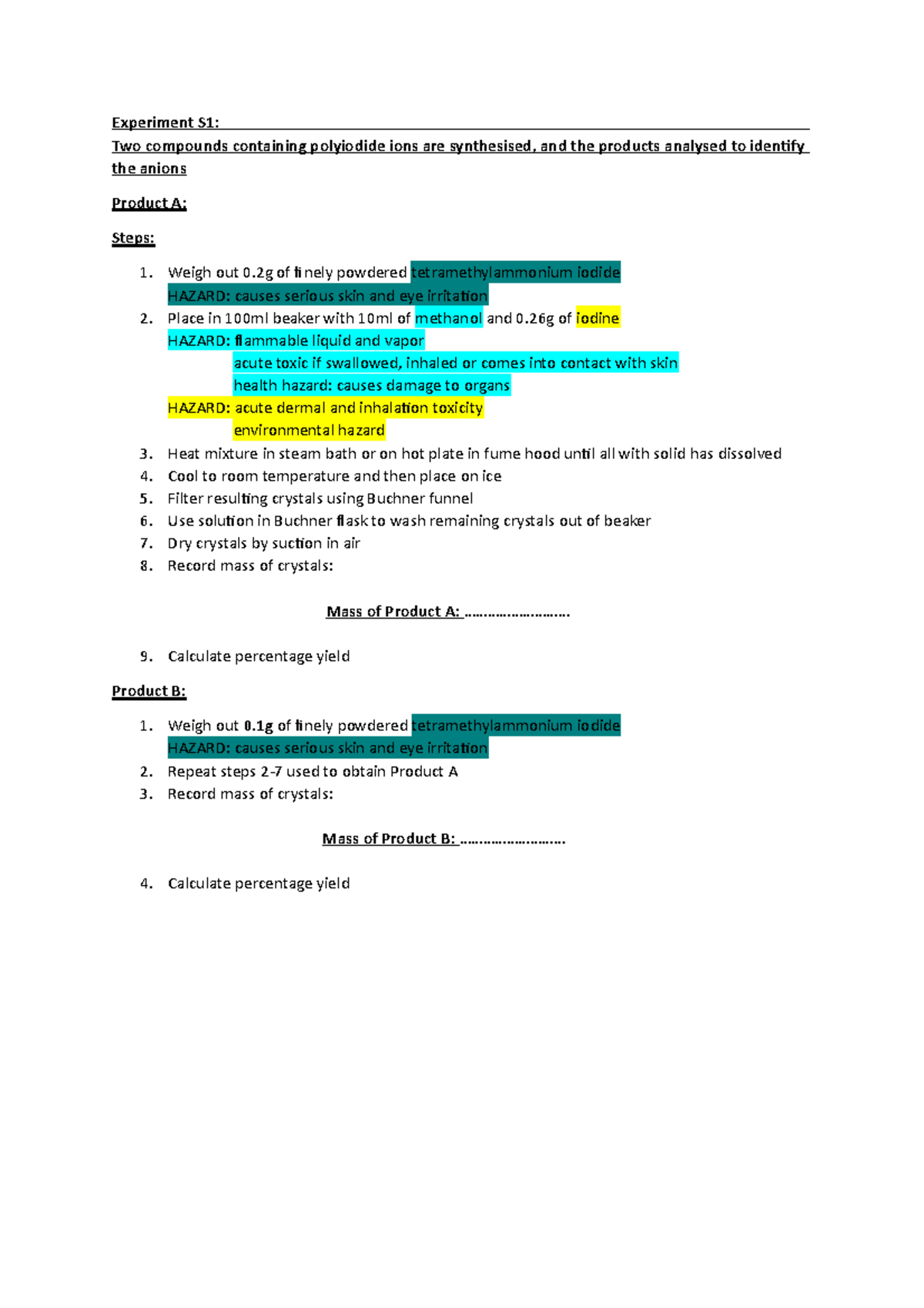 Experiment S1 flow diagram for procedure for determining polyiodide ...