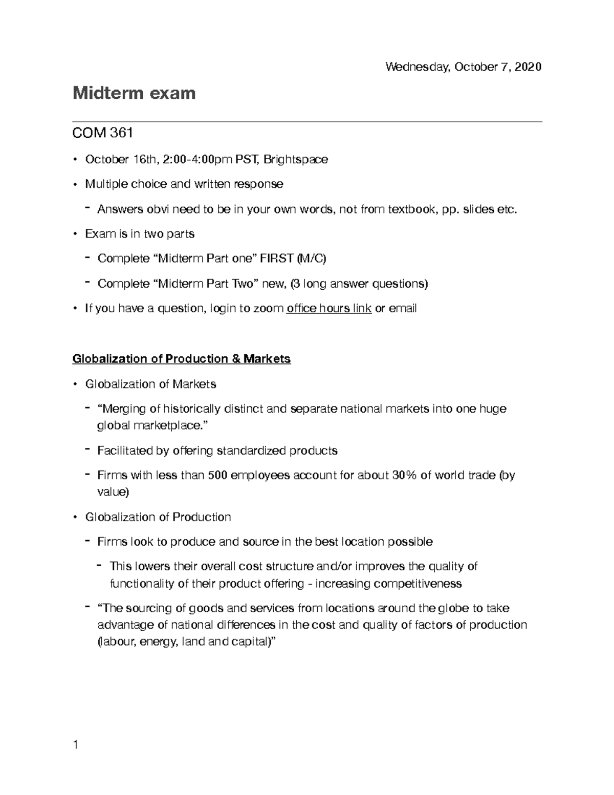 Midterm review - COM 361 - Midterm exam COM 361 • October 16th, 2:00-4:00pm PST, Brightspace ...
