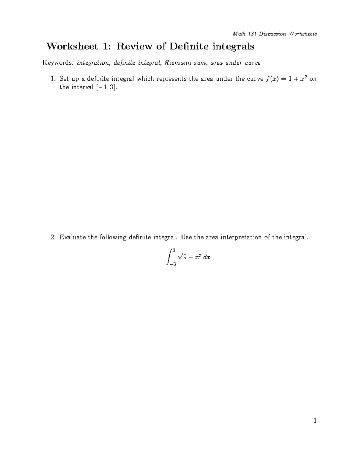 Discussion Worksheet 1 - Math 181 Discussion Worksheets Worksheet 1 ...