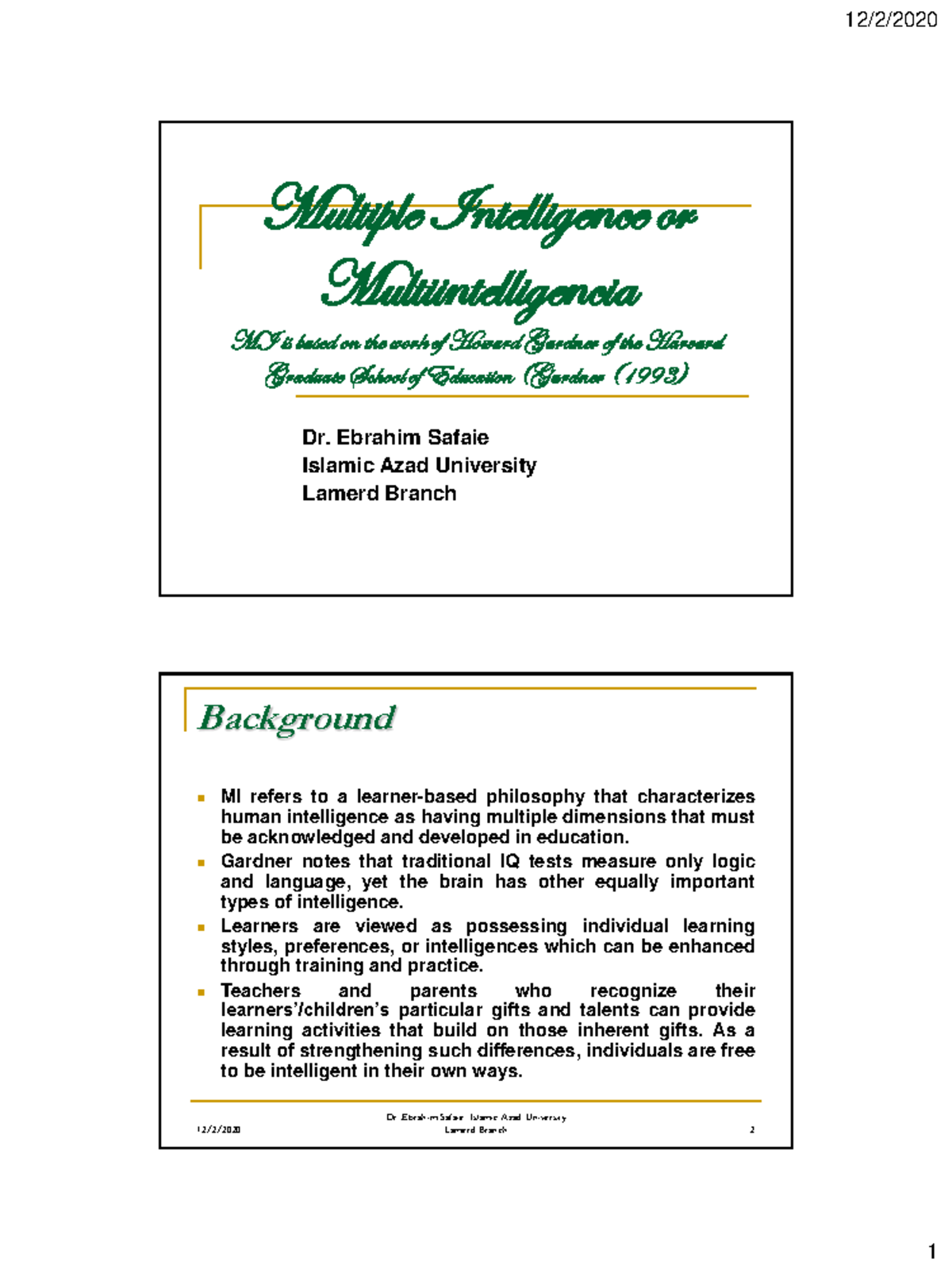 Chapter 12Multiple Intelligence - 12/2/ 1 Multiple Intelligence or ...