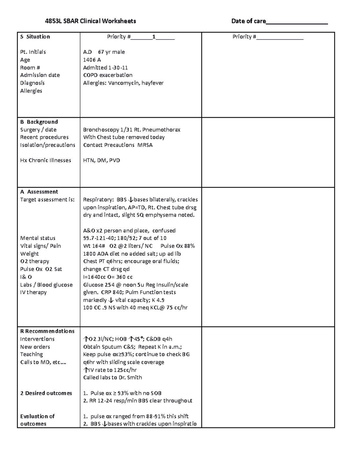 4853 example of SBAR - 4853L SBAR Clinical Worksheets Date of care ...