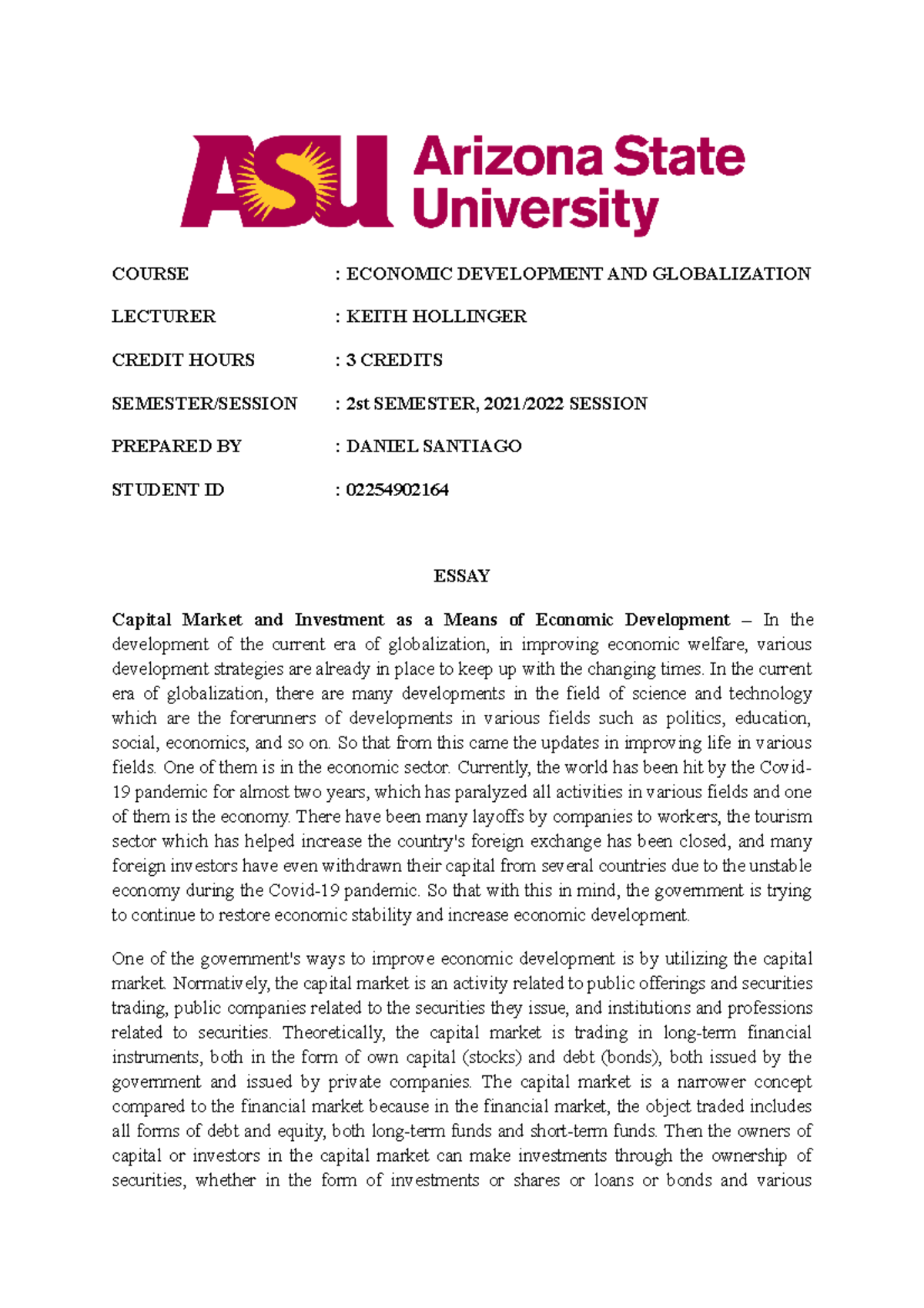 Essay Economic Development and Globalization Capital Market and ...