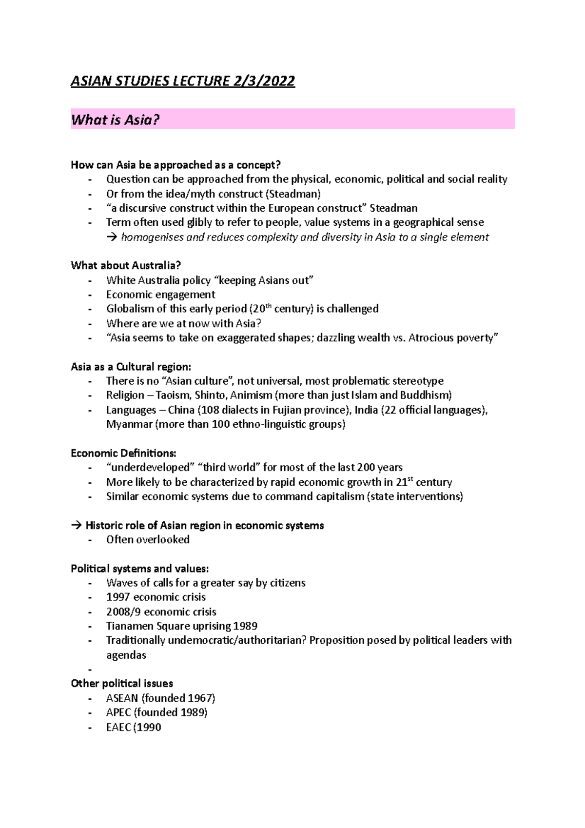 Asian Studies Lecture 2 - ASIAN STUDIES LECTURE 2/3/ What is Asia? How ...