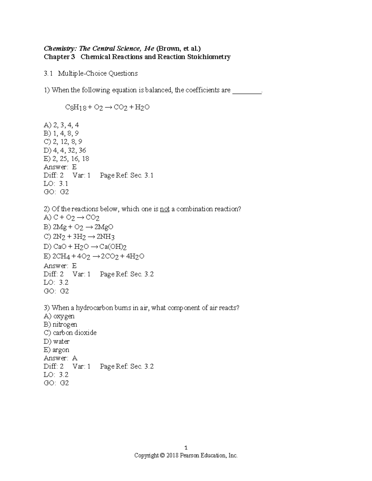 Chapter 03 - questions - Chemistry: The Central Science, 14e (Brown, et ...