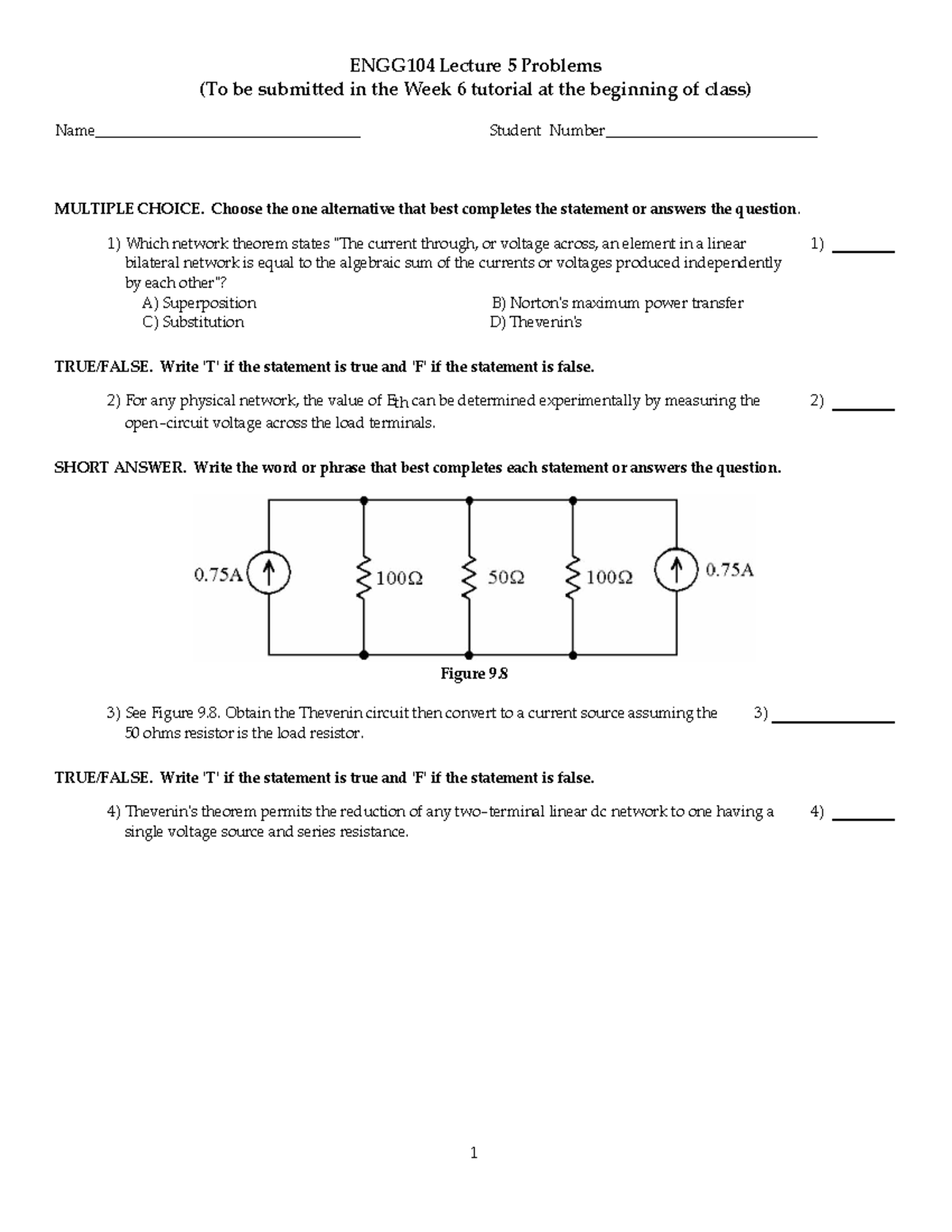 ENGG104 Tut5 sol - Tutorial 5 questions and solutions - ENGG104 Lecture 5 Problems (To be ...