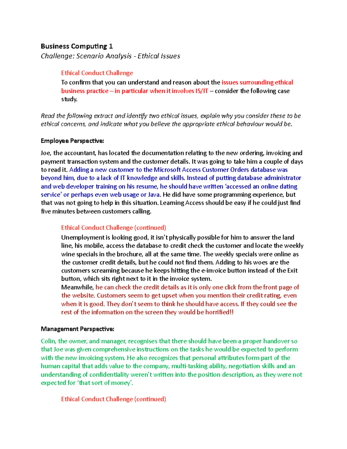 Scenario Analysis - Ethical Issues - Business Computing 1 Challenge ...