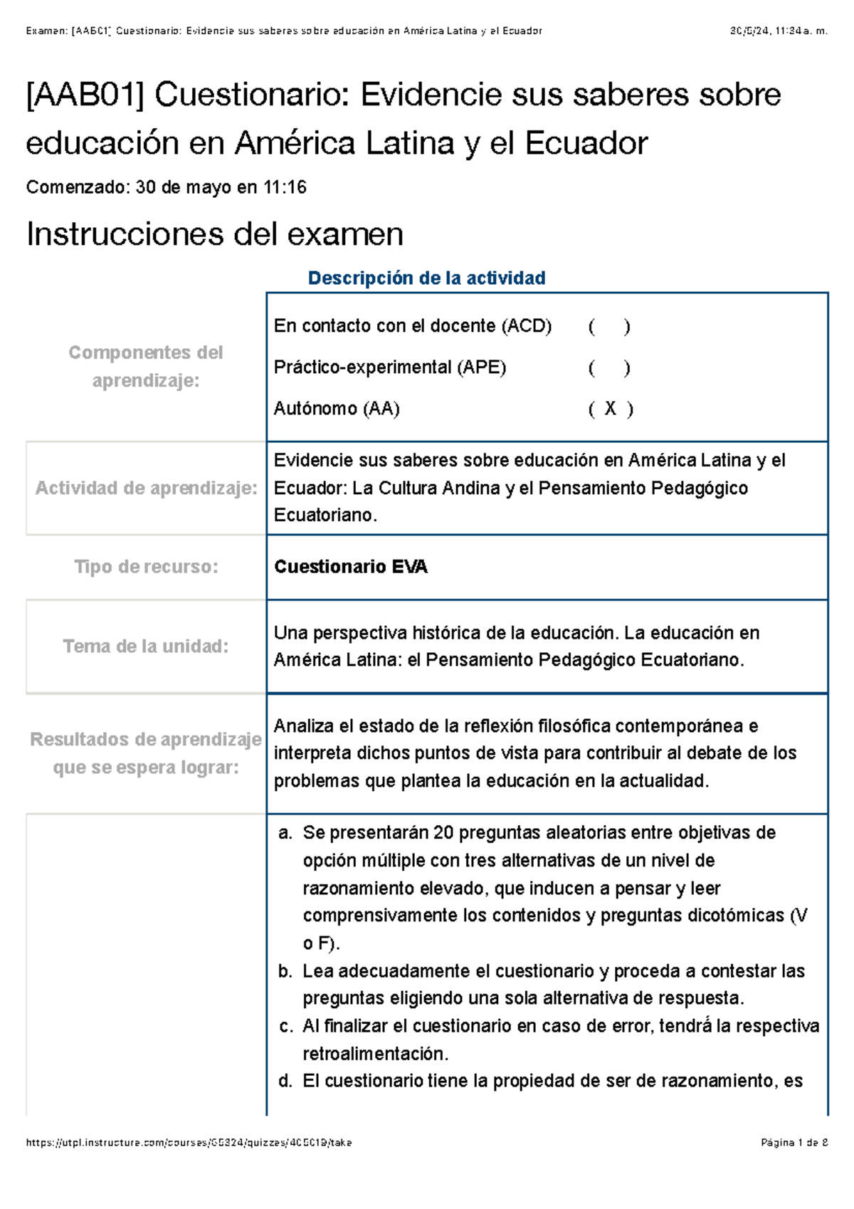 Examen: [AAB01] Cuestionario: Evidencie sus saberes sobre educación en ...
