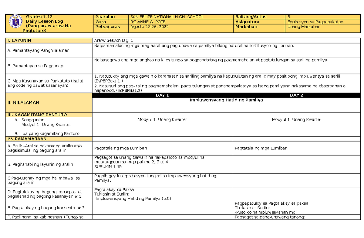 ESP 8 DLL First Quarter 1st - Grades 1- Daily Lesson Log (Pang-araw ...