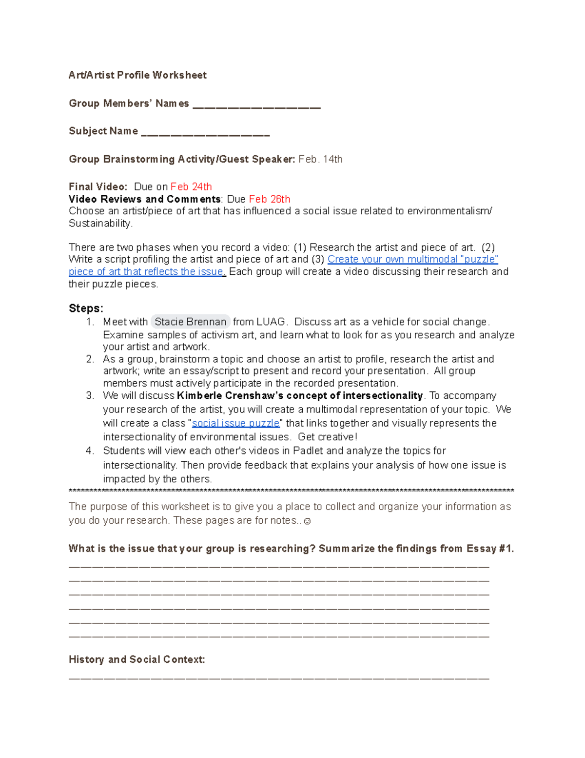Art Artist Profile Worksheet - Google Docs - Art/Artist Profile ...