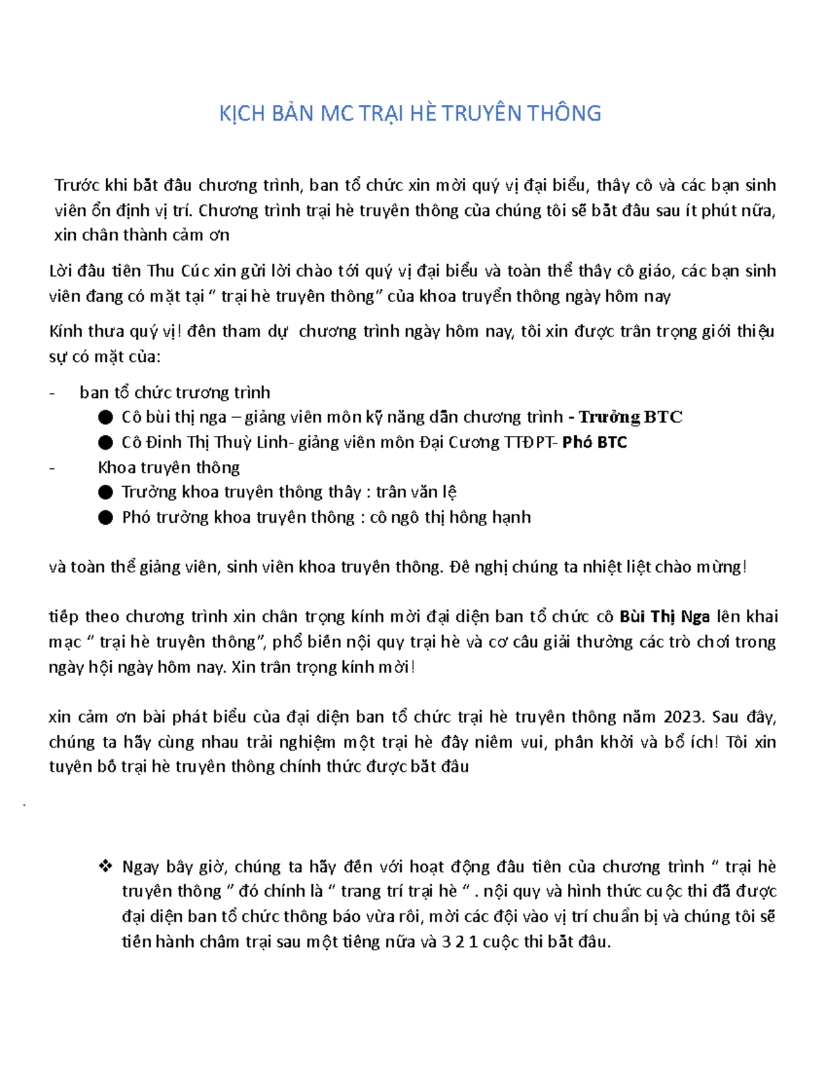 KỊCH BẢN MC TRẠI HÈ TRUYỀN Thông 1 - K CH B N MC TR I HÈ TRUYỀỀN THÔNGỊ Ả Ạ Tr ước khi bắắt đầầu ...