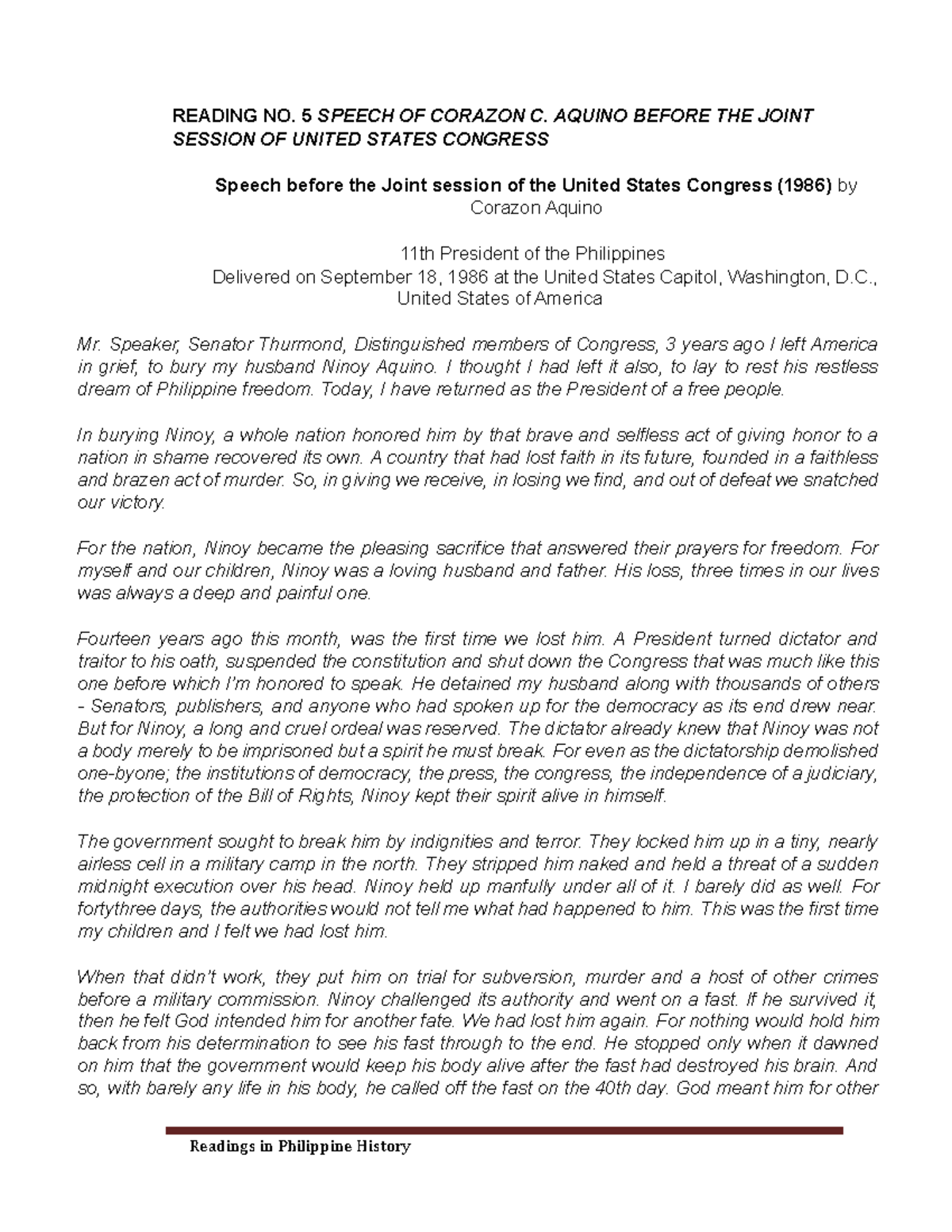 SPEECH OF CORAZON C. AQUINO BEFORE THE JOINT SESSION OF UNITED STATES ...